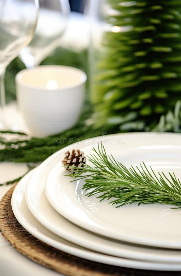 White Place Settings with Pine Boughs on Them Stock Image - Image of ...