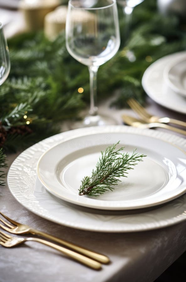 White Place Settings with Pine Boughs on Them Stock Image - Image of ...