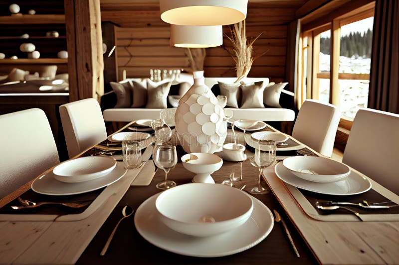 White Place Settings on Table at Dinner Big Dining Table on Chalet ...