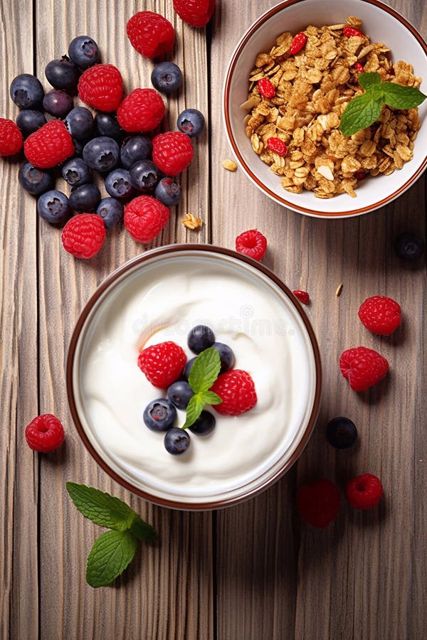 White Plain Greek Yogurt with Fresh Berries and Granola Stock ...