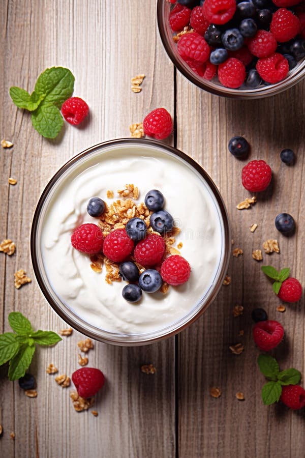 White Plain Greek Yogurt with Fresh Berries and Granola Stock ...