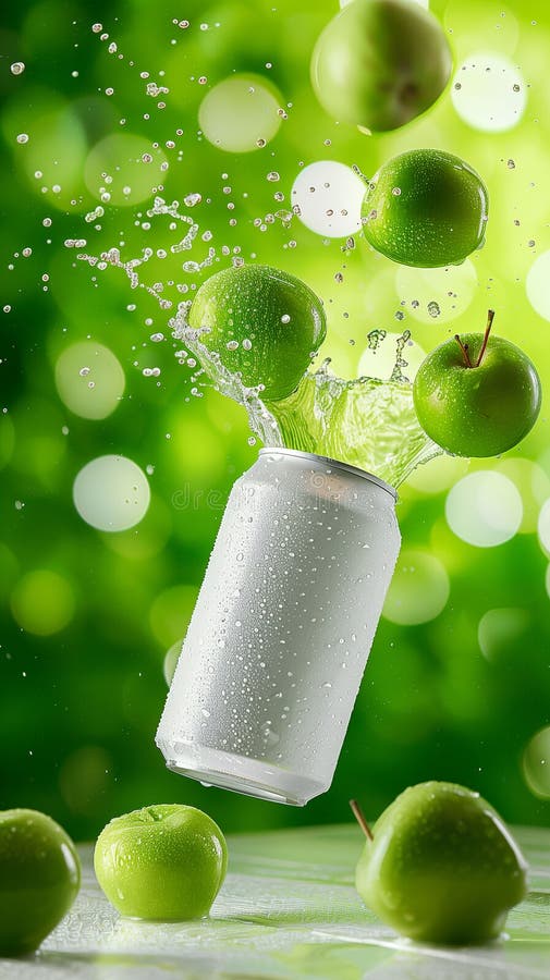 White Plain Soft-drink Can Floating with Green Apple, Leaves, Ice and ...