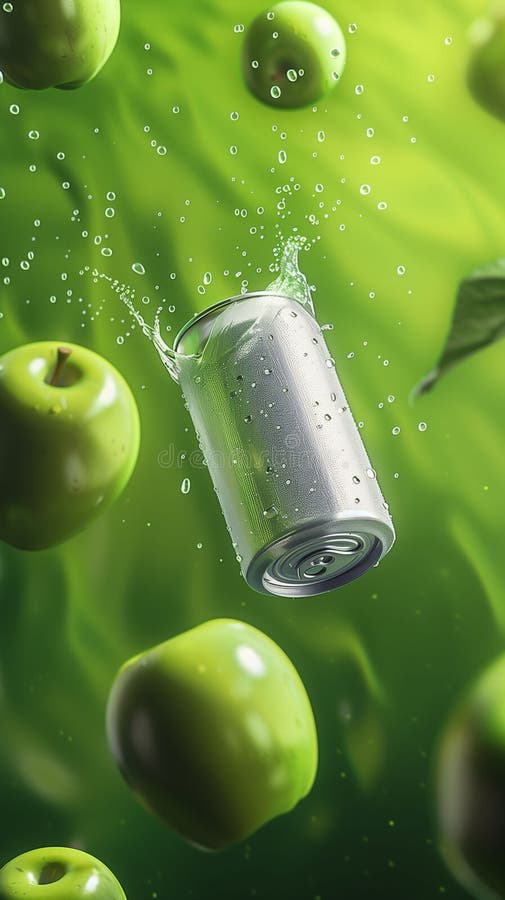 White Plain Soft-drink Can Floating with Green Apple, Leaves, Ice and ...
