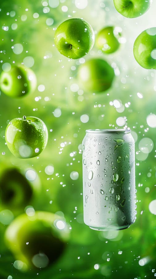 White Plain Soft-drink Can Floating with Green Apple, Leaves, Ice and ...