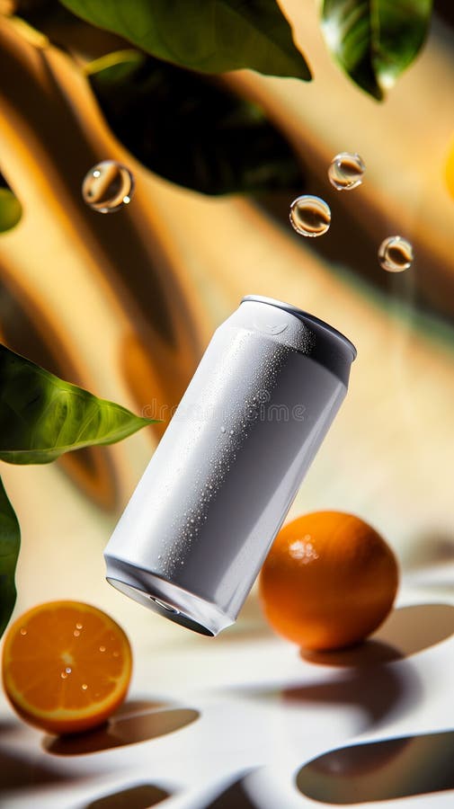 White Plain Soft-drink Can Floating with Lemons and Oranges, Leaves ...
