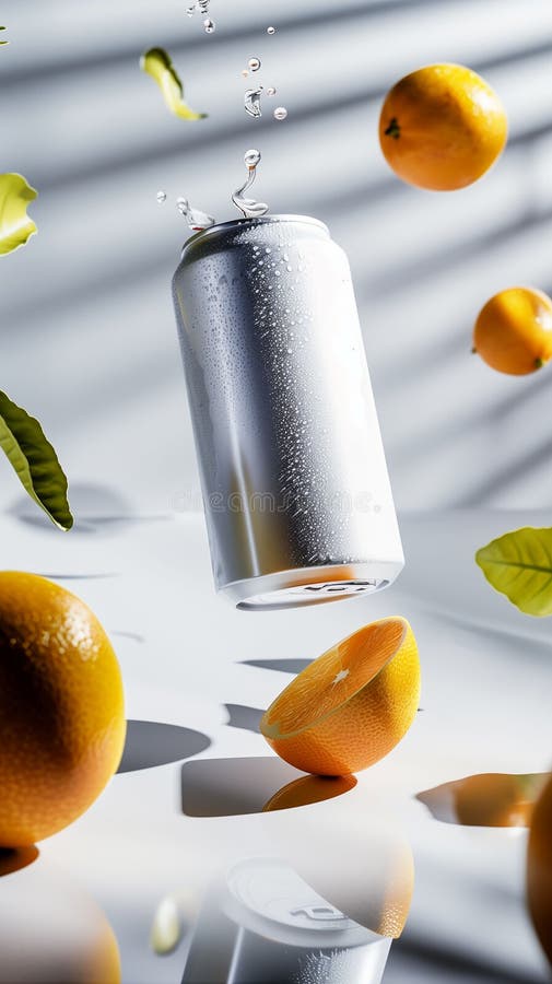 White Plain Soft-drink Can Floating with Lemons and Oranges, Leaves ...