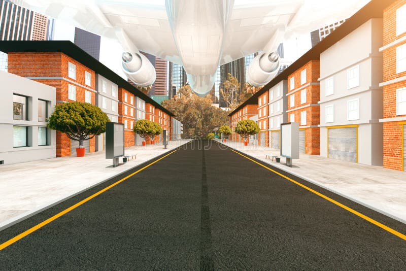 White Plane Flying Over The Street. Stock Illustration - Illustration ...