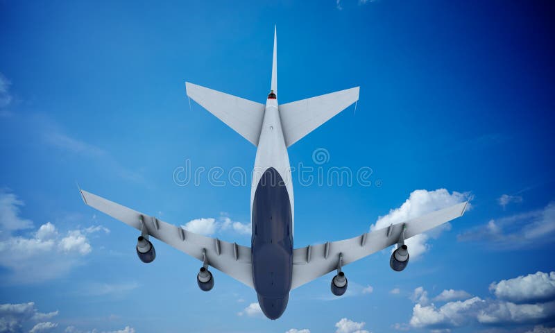 White Plane Flying in Sky and Clouds. Airplane Boeing 747 Stock Photo ...