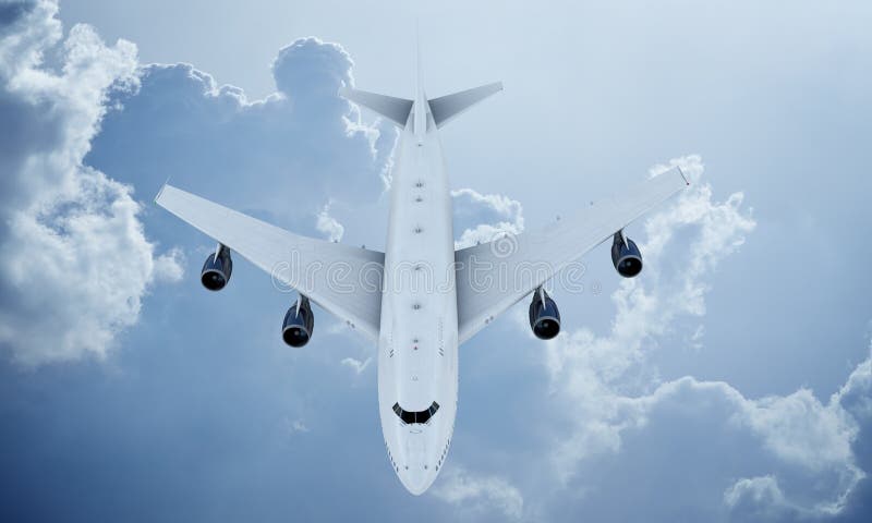 White Plane Flying in Sky and Clouds. Airplane Boeing 747 Stock Image ...