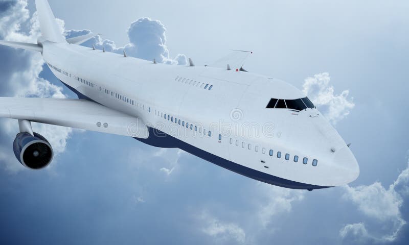 White Plane Flying in Sky and Clouds. Airplane Boeing 747 Stock Photo ...