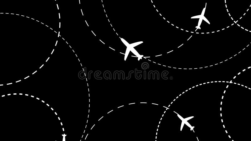 Planes Fly Along Curved Dashed Lines on a Black Background. Airplanes ...