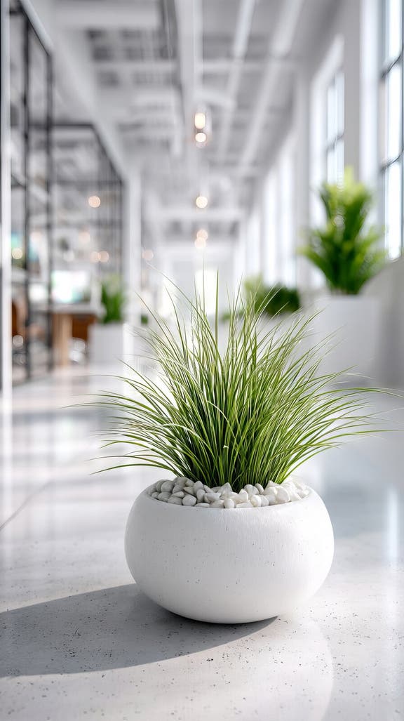 A White Planter with Grass in it Sitting on a Table in an Office Stock ...