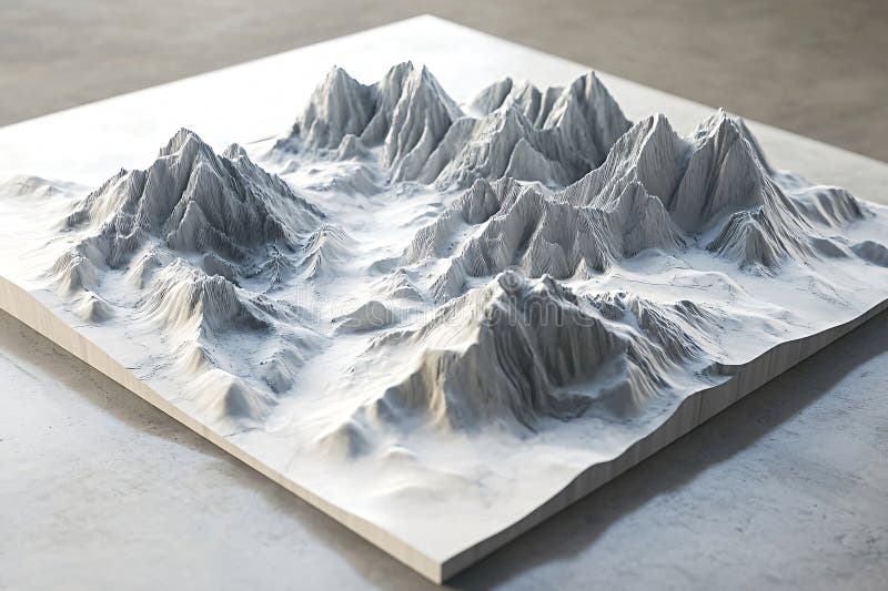 White Plaster Model of Mountain Range with Snowy Peaks is Standing on ...