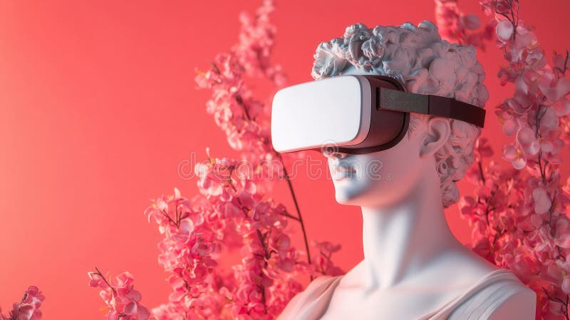 White Plaster Statue Wearing Virtual Reality Headset in Front of Pink ...