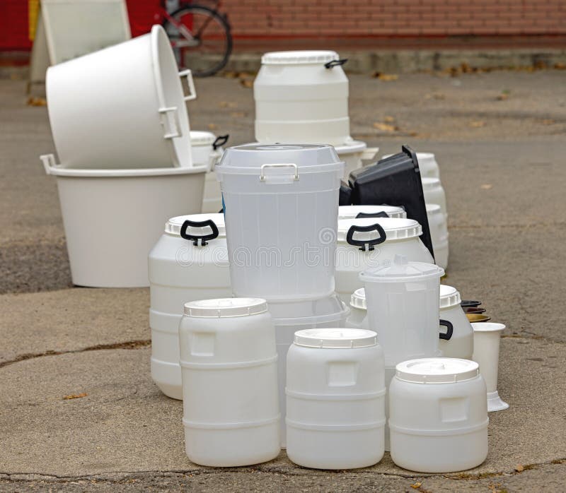 White Plastic Barrels Drums Stock Photo - Image of drums, europe: 350569710