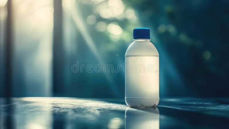 White Plastic Bottle with Blue Cap on Reflective Surface Stock Photo ...