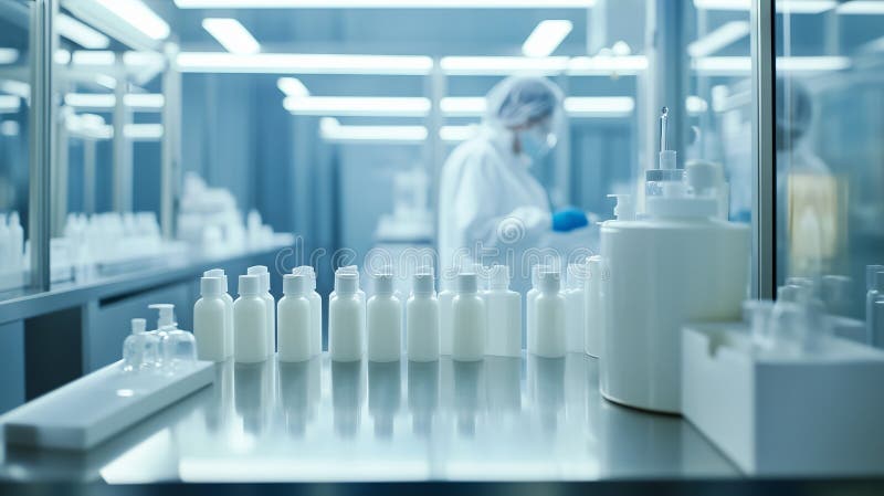 Scientist Working on Cosmetics Manufacturing Line Producing Bottles in ...