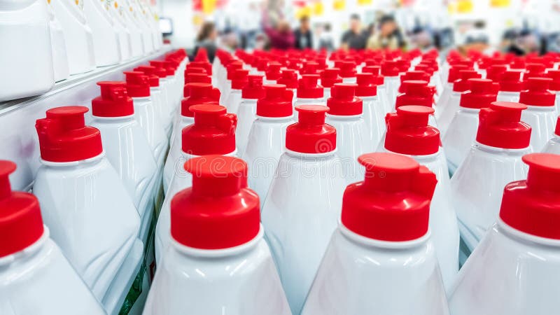White Plastic Bottles with Red Lids in a Row. Stock Photo - Image of ...
