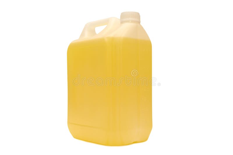 A White Plastic Canister with Yellow Liquid Stands Sideways on a White ...