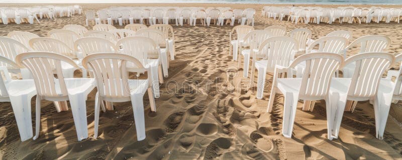White Plastic Chairs Arranged on Sandy Beach Facing the Ocean, Outdoor ...