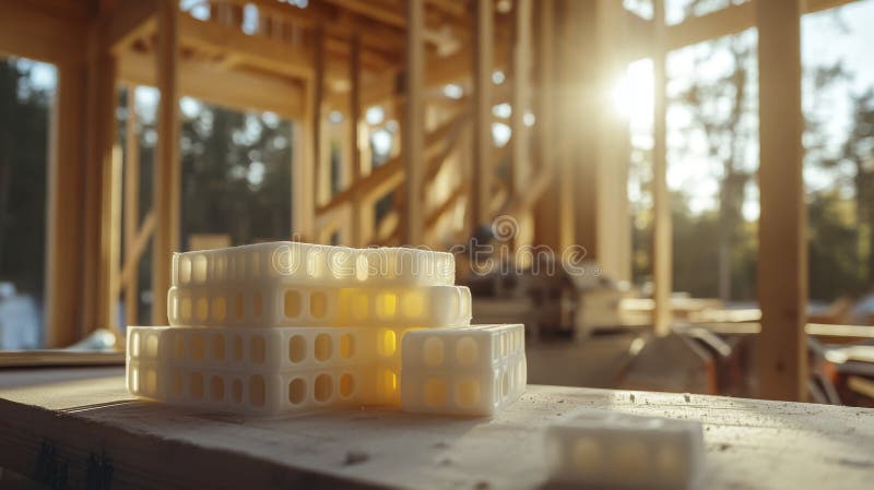 White Plastic Construction Blocks on Wooden Frame House Construction ...