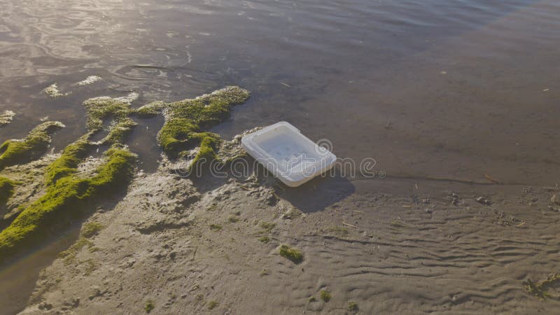 White Plastic Container Rests on a Sandy Shore, Next To Patches of ...