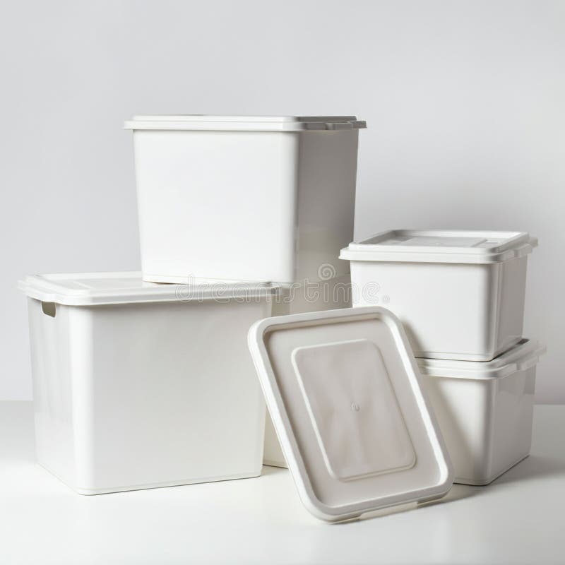 White Plastic Containers of Various Sizes with Lids. the Containers ...