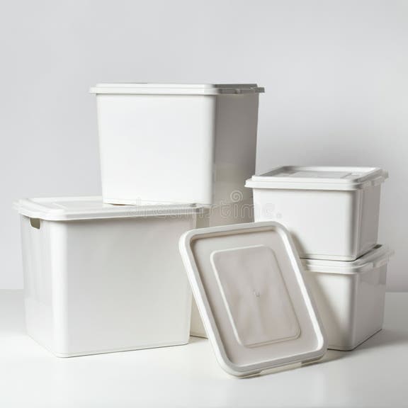White Plastic Containers of Various Sizes with Lids. the Containers ...