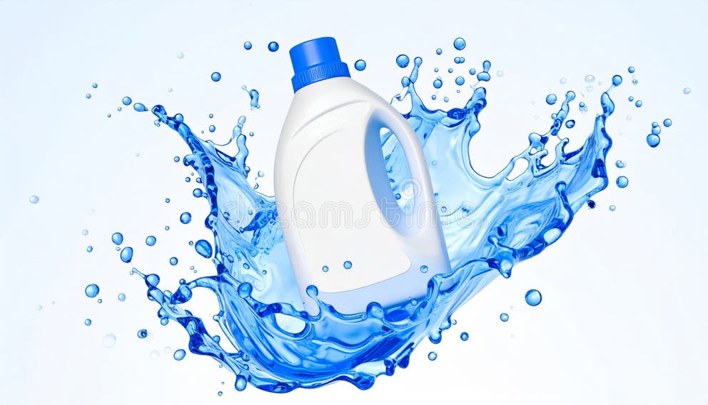 White Plastic Detergent Bottle in Blue Water Splash Stock Illustration ...