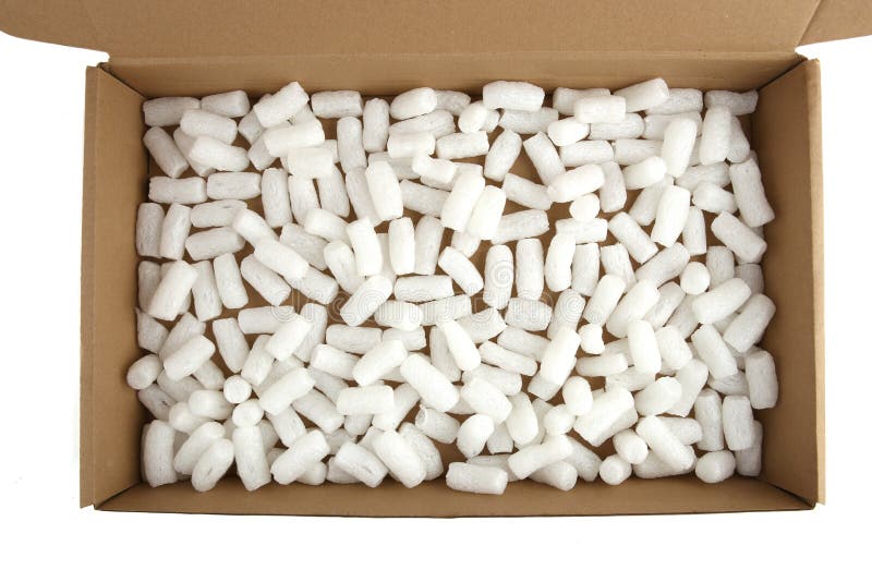 Styrofoam Packing Peanuts in Cardboard Box Isolated in on White ...
