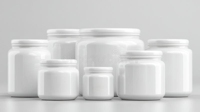 White Plastic Jars of Various Sizes Arranged on a Plain Background, AI ...