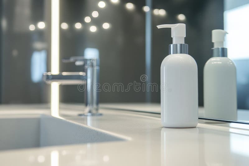 A White Plastic Lotion Bottle with a Pump on the Mirror Edge, Seen from ...