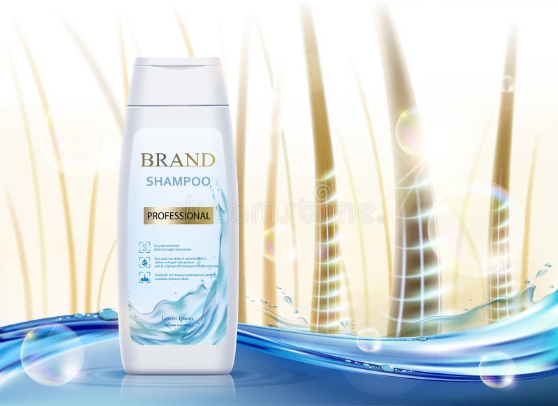 White Plastic Packaging with Hair Shampoo. Background with Human Hair ...