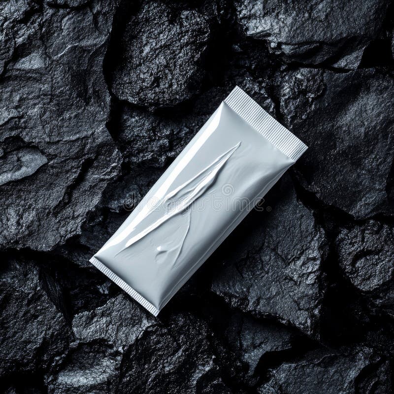 White Plastic Sachet Packaging Mockup on Black Coal Texture Background ...