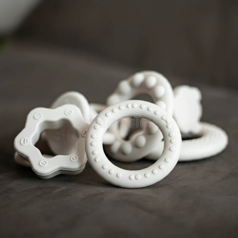 White Plastic or Silicone Teething Rings with Various Textures and ...