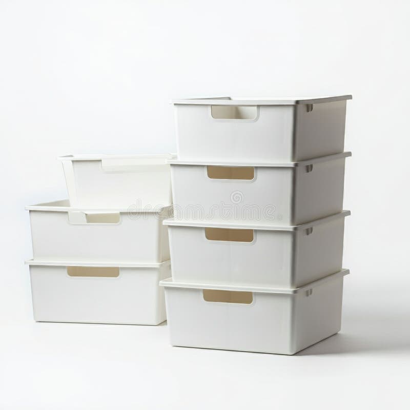 White Plastic Storage Boxes Arranged in Two Stacks Against a Plain ...