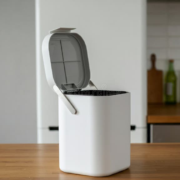 White Plastic Trash Bin with a Rectangular Shape, Featuring a Hinged ...