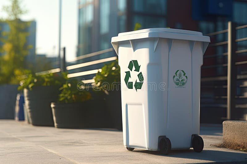 White Plastic Trash Bin with a Recycling Symbol on it on the Street ...