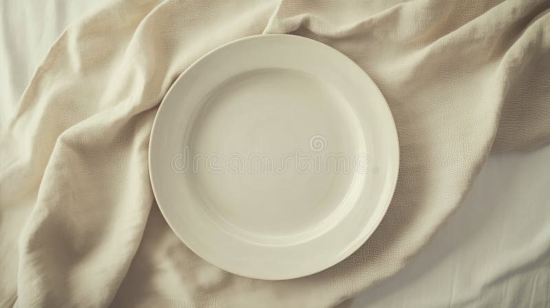 White Plate on a Beige Linen Napkin, Top-view Mockup. Generative AI ...