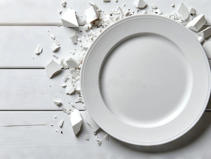 A White Plate with Broken Glass on a White Table Stock Image - Image of ...