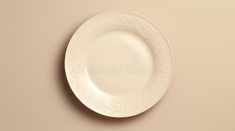 Hyperrealistic Ivory Plate with Scroll Decorations on Beige Background ...