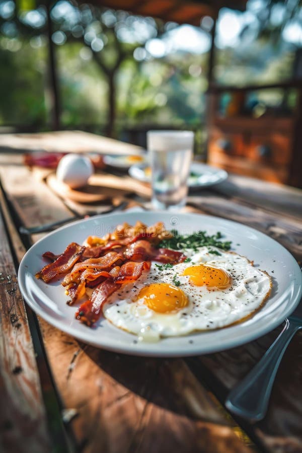 A White Plate with Eggs and Bacon, Perfect for Food Blogs or Restaurant ...