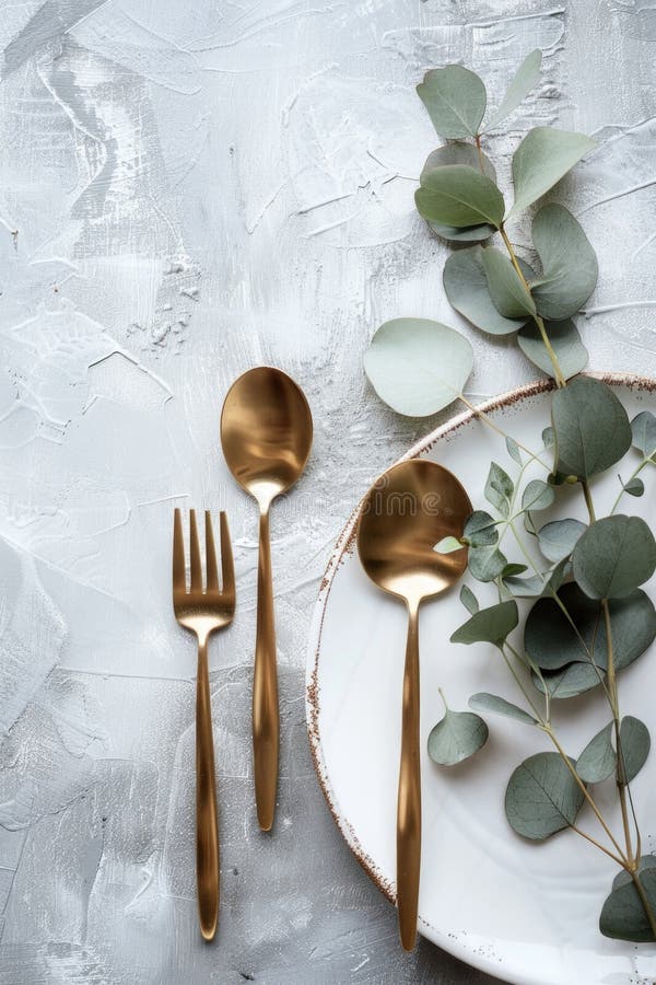 A White Plate with Elegant Gold Spoons and Fork. Perfect for Dining or ...