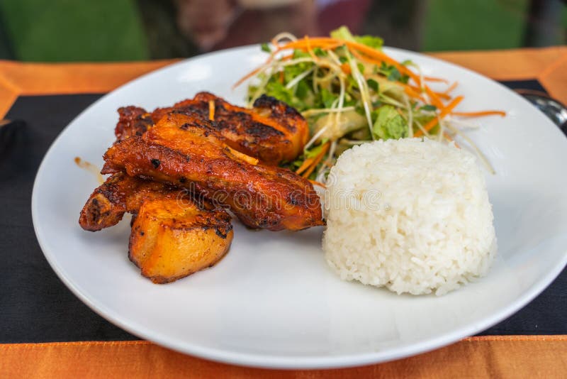 White Plate of Grilled Pork Ribs with Rice and Salad Stock Image ...