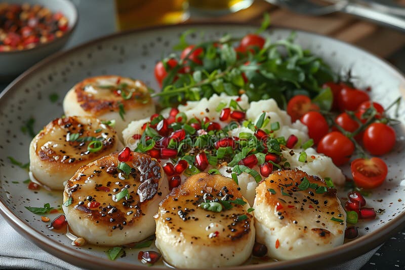 Seared Scallops with Colorful Vegetables on White Plate Generative AI ...