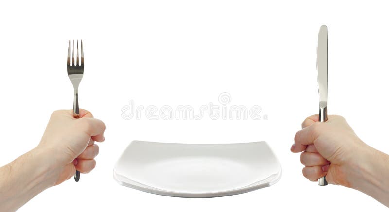 White Plate, Knife and Fork Cutlery in Hands Stock Image - Image of ...