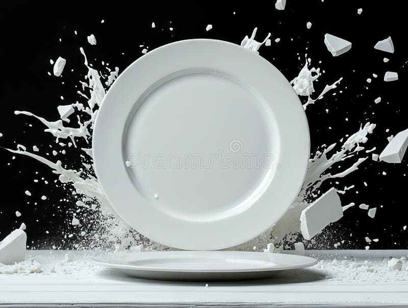 A White Plate with Milk Splashing Out of it on a Table Stock Image ...
