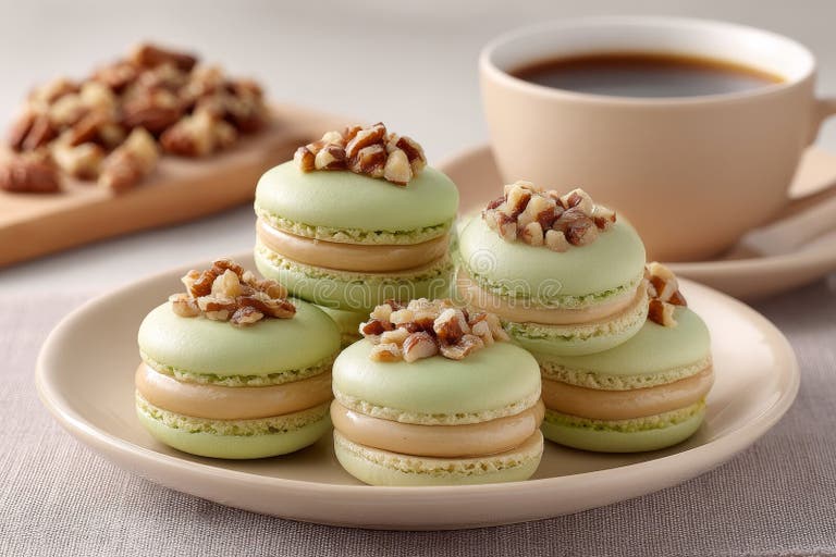 On a White Plate, a Pyramid Formed by Pistachio Macarons is Positioned ...