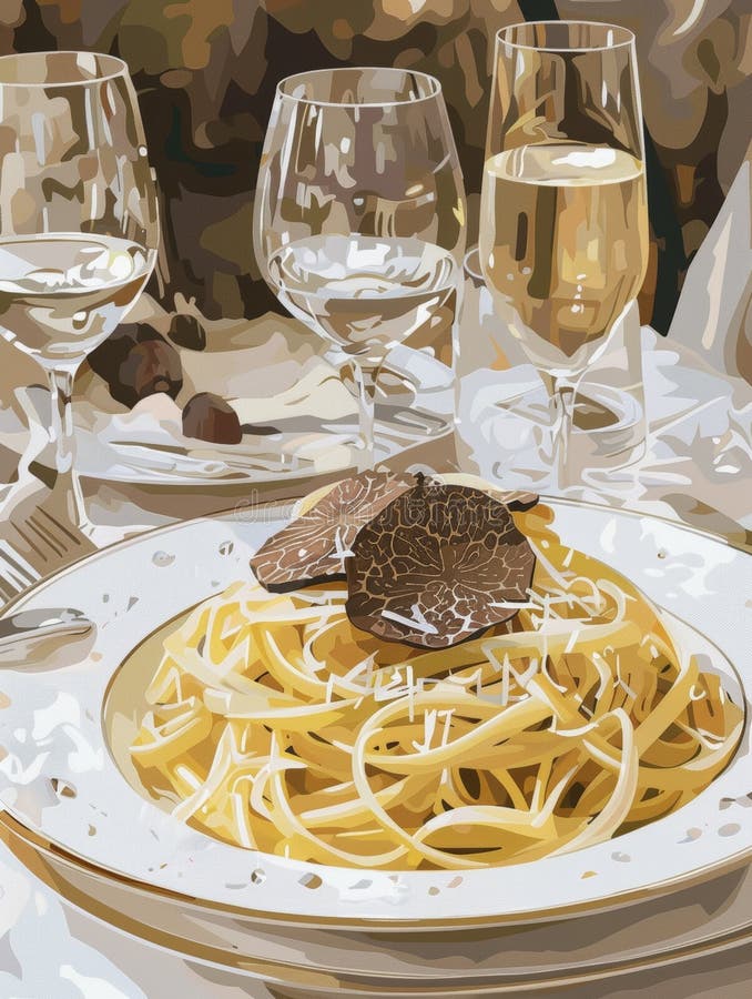 A White Plate with a Serving of Pasta with Truffles and a Glass of ...