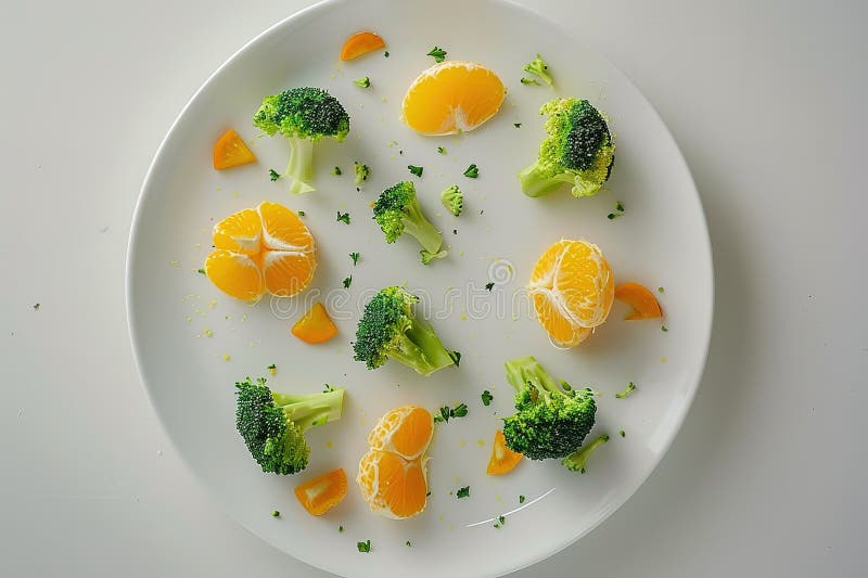 A White Plate with Several Bite-sized Pieces of Broccoli and Oranges on ...